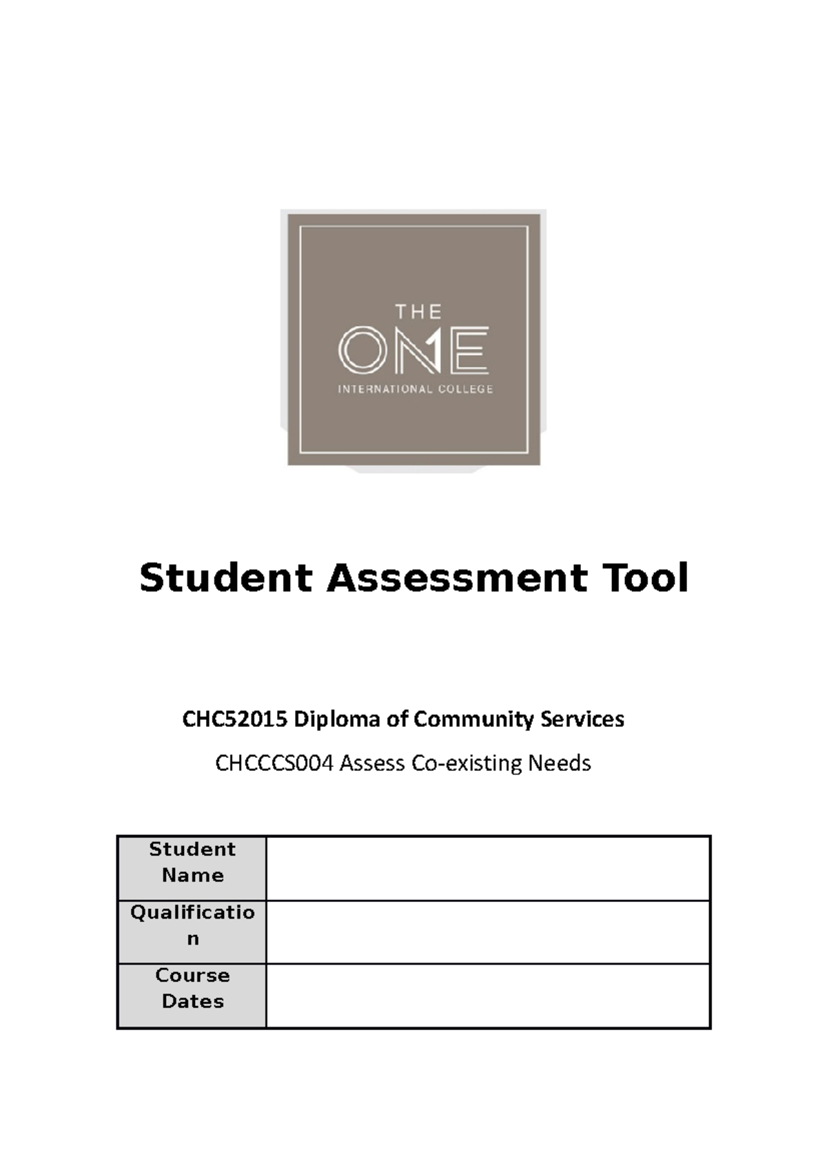 CHCCCS004 Student Assessment Tool for Co-existing Needs Evaluation ...
