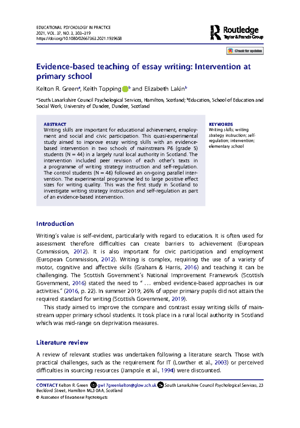 Evidence - Evidence-based teaching of essay writing: Intervention at ...