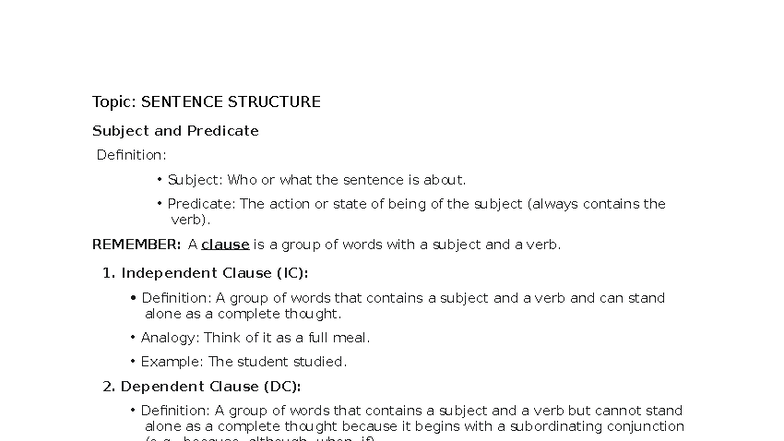 Sentence Structure Overview - ENGLISH 8 WEEK 2 - Studocu