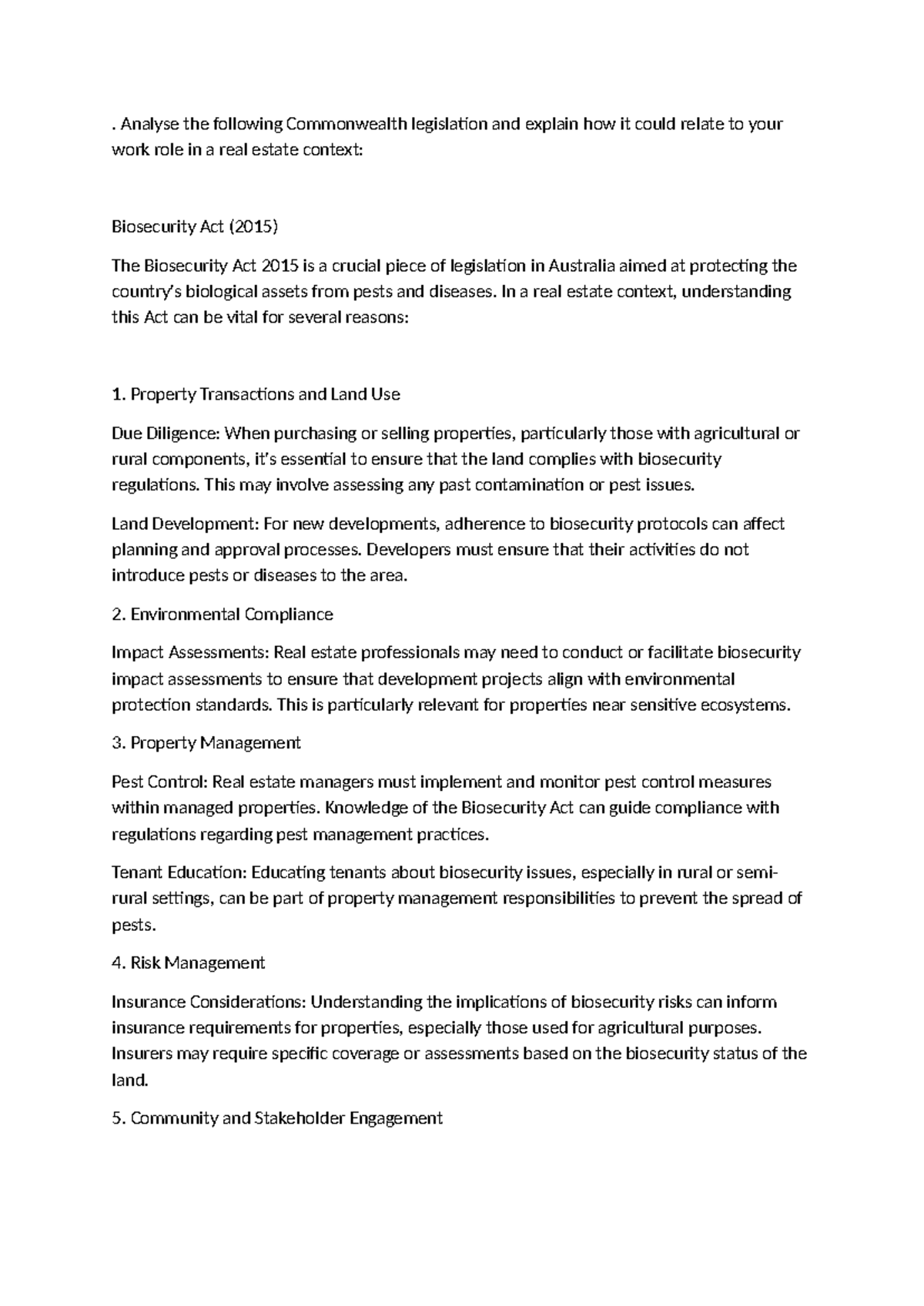 Assessment of the Biosecurity Act (2015) in Real Estate Context - Studocu