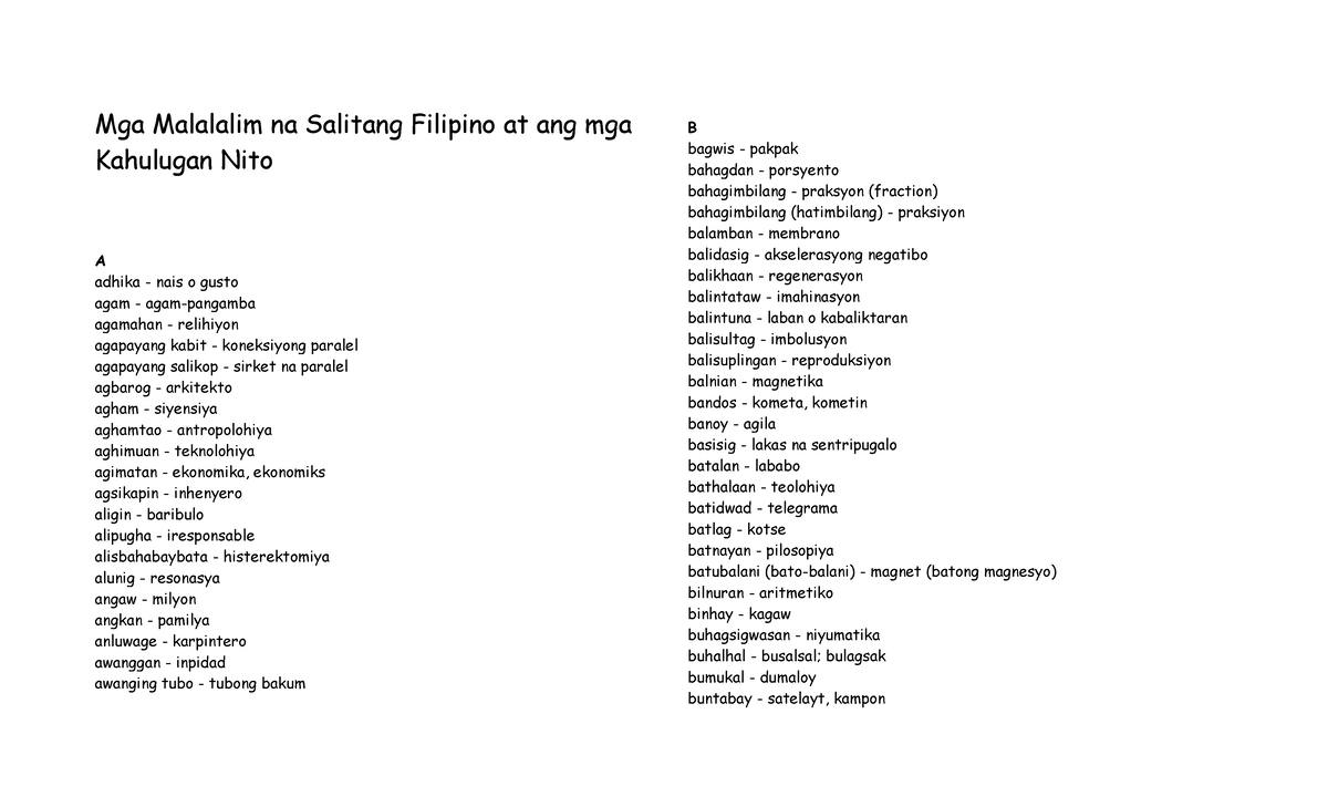 Mga Malalalim na Salitang Filipino at Kahulugan Nito - Idoc - Studocu
