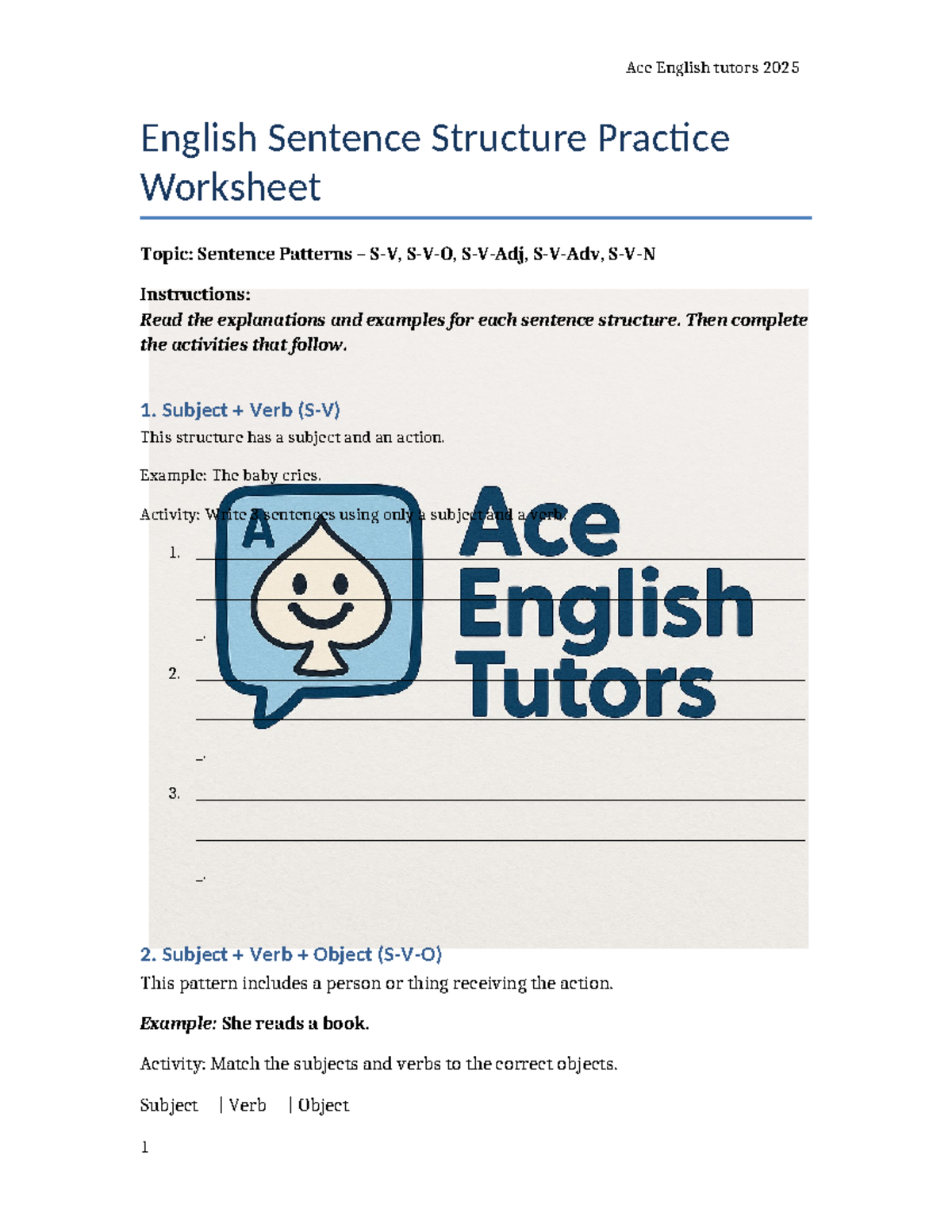 Ace English Tutors 2025: Sentence Structure Practice Worksheet - Studocu