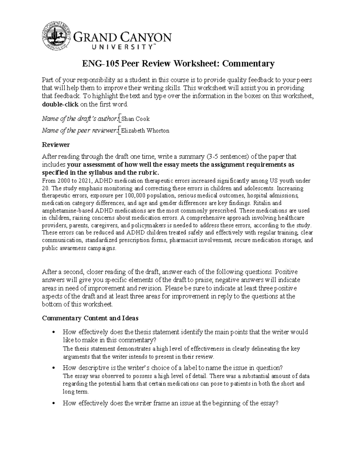 ENG-105 Peer Review Worksheet: Writing Quality Feedback - Studocu