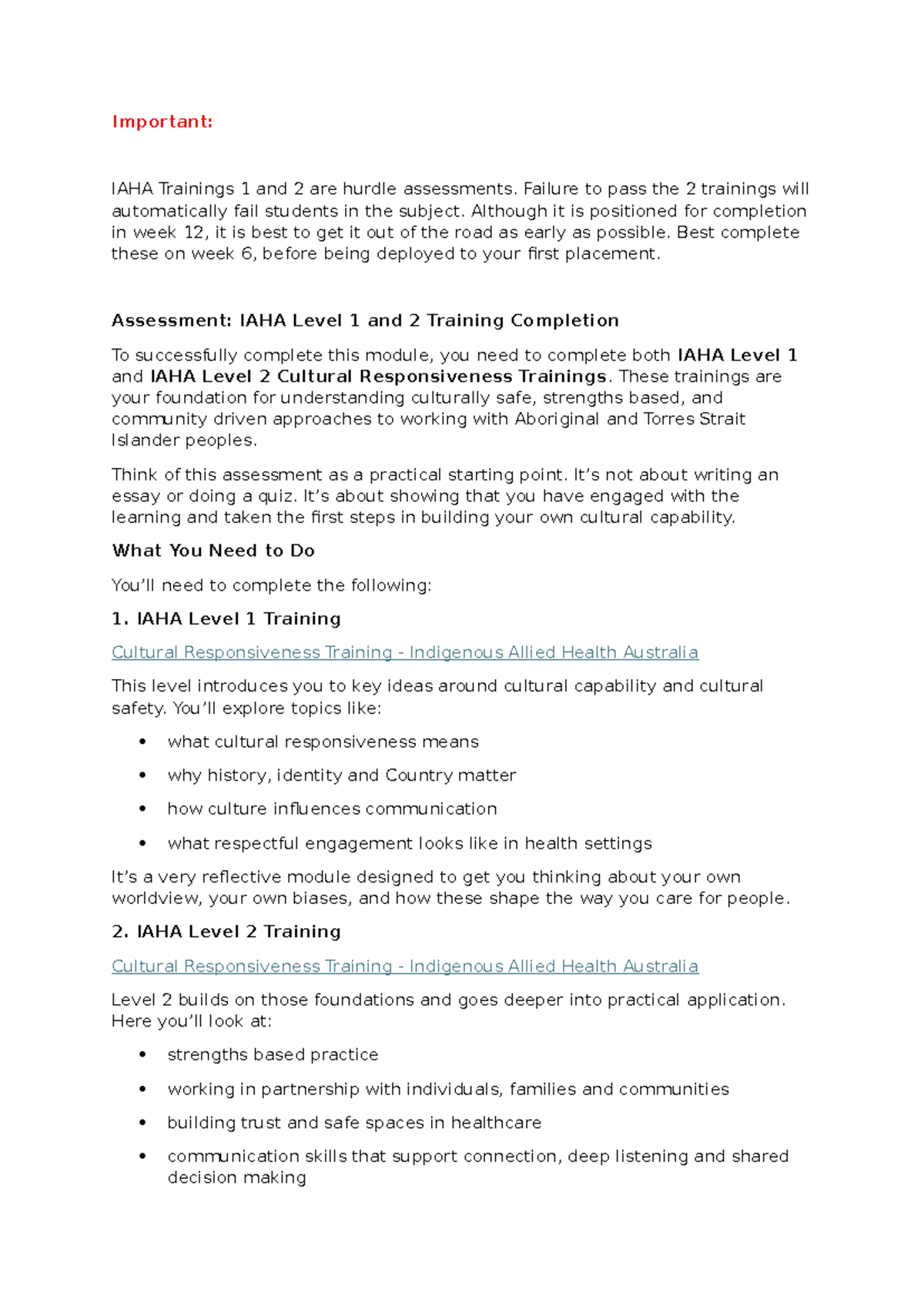 IAHA Level 1 & 2 Cultural Responsiveness Training Details - Studocu