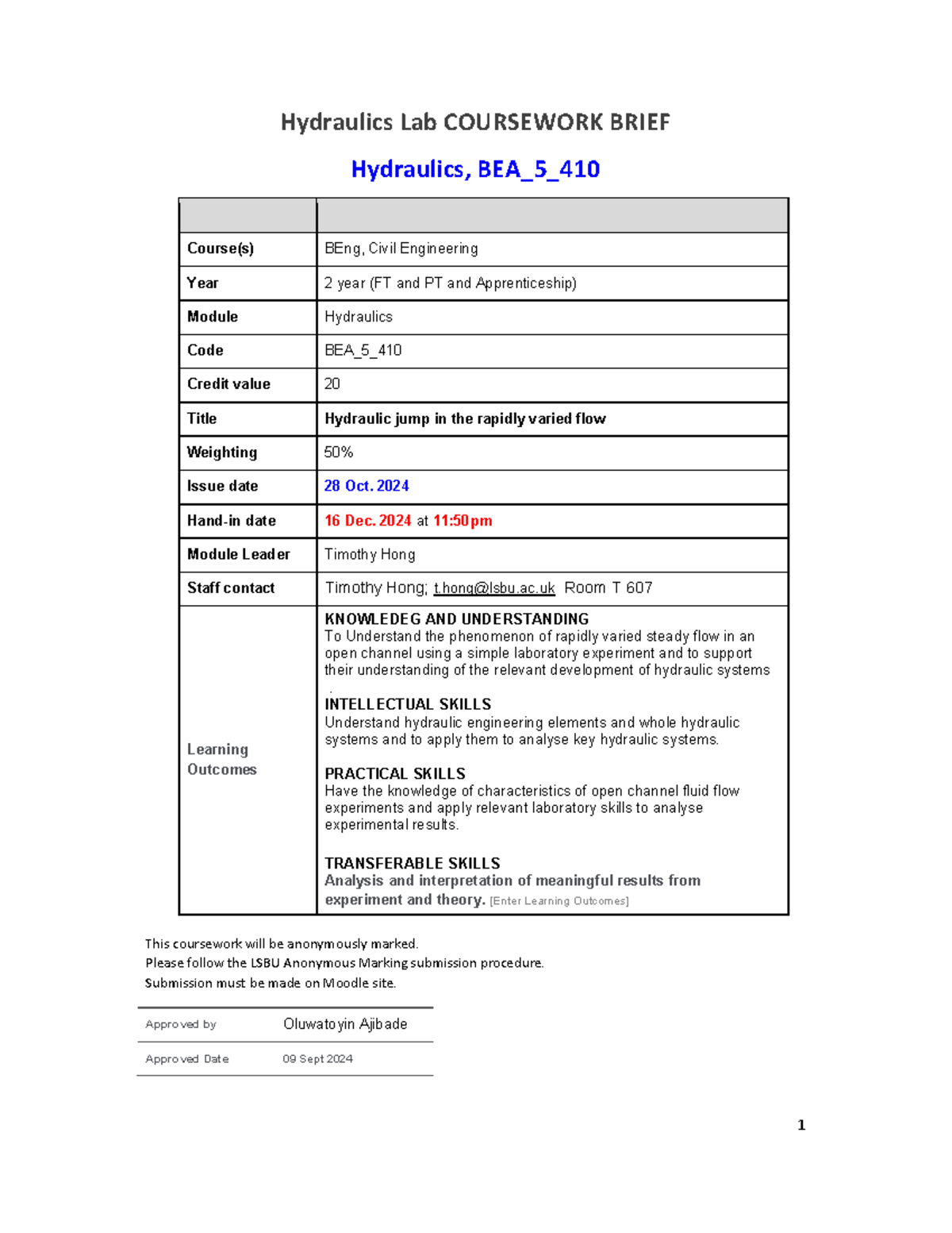 Hydraulics Lab CW Brief: Hydraulic Jump in Open Channel Flow (BEA_5 ...