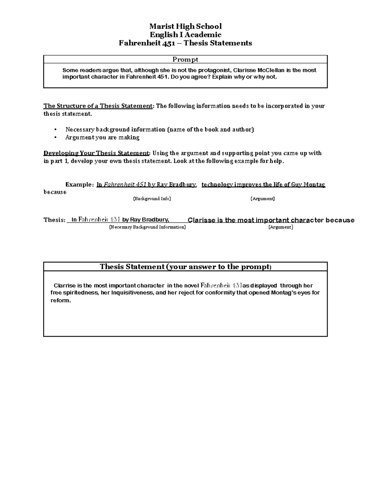 English I: Thesis Statement Assignment on Fahrenheit 451 - Studocu