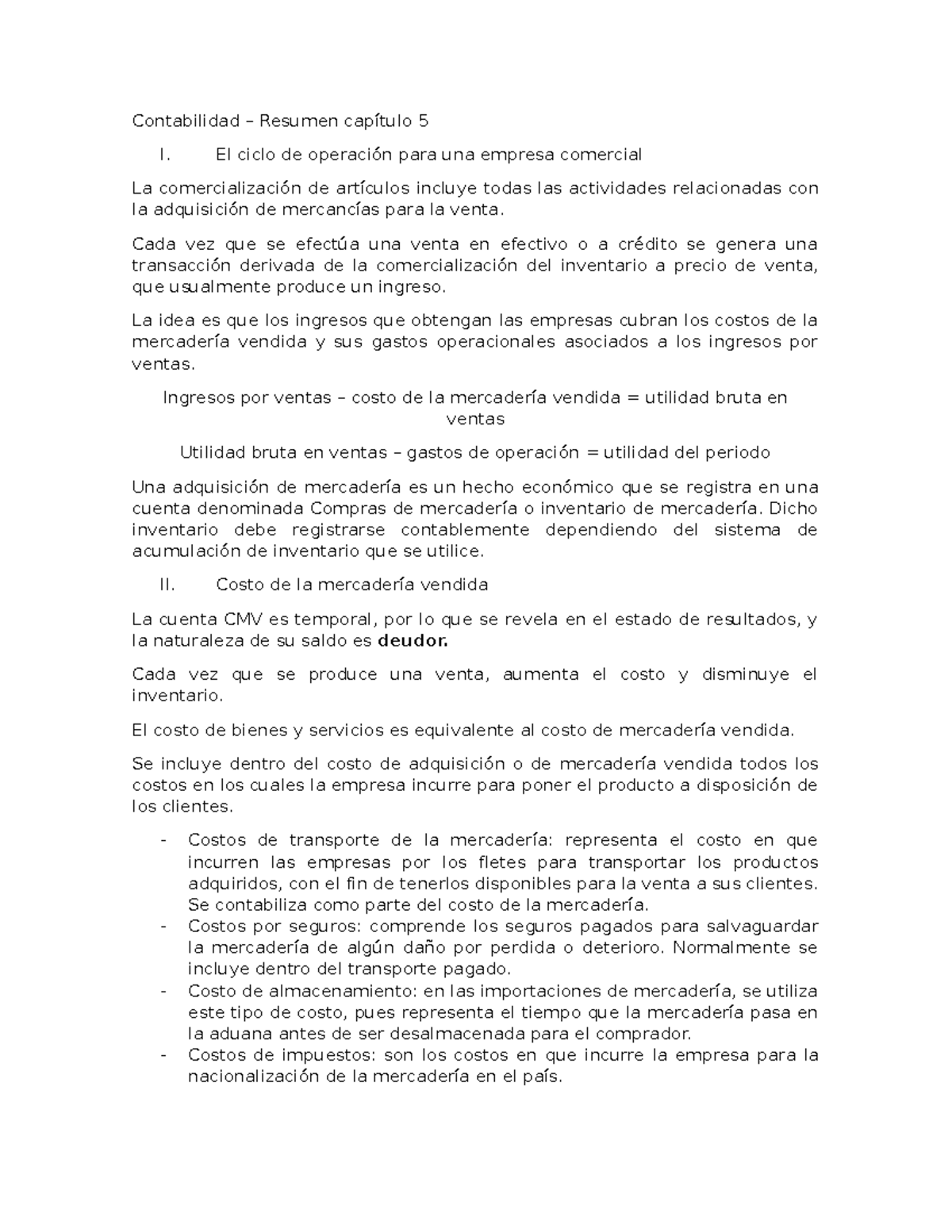 Resumen de Contabilidad: Capítulo 5 - Ciclo de Operación y Costos - Studocu