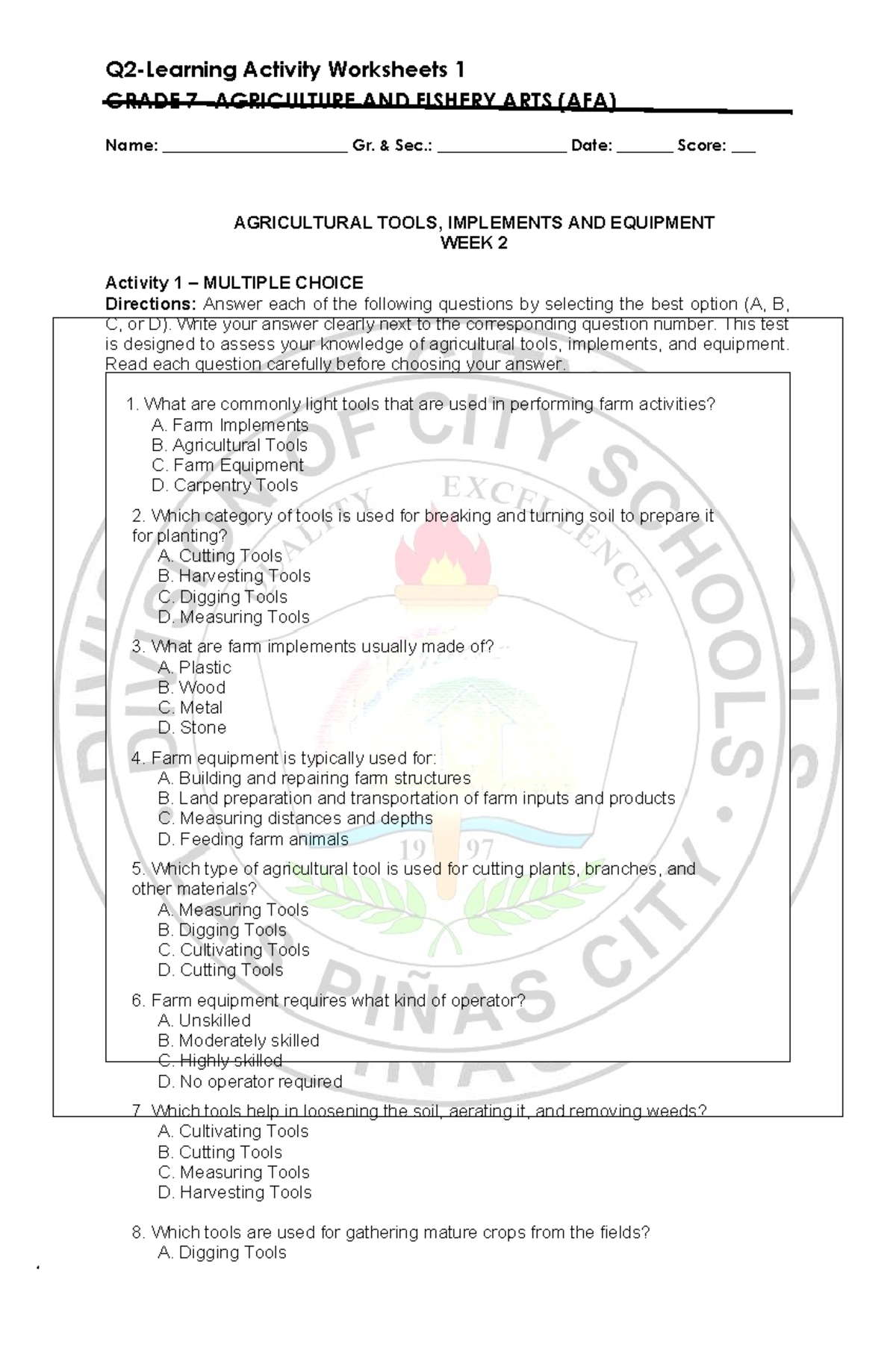 Activity Worksheets 1: Agricultural Tools & Safety Procedures (AFA ...