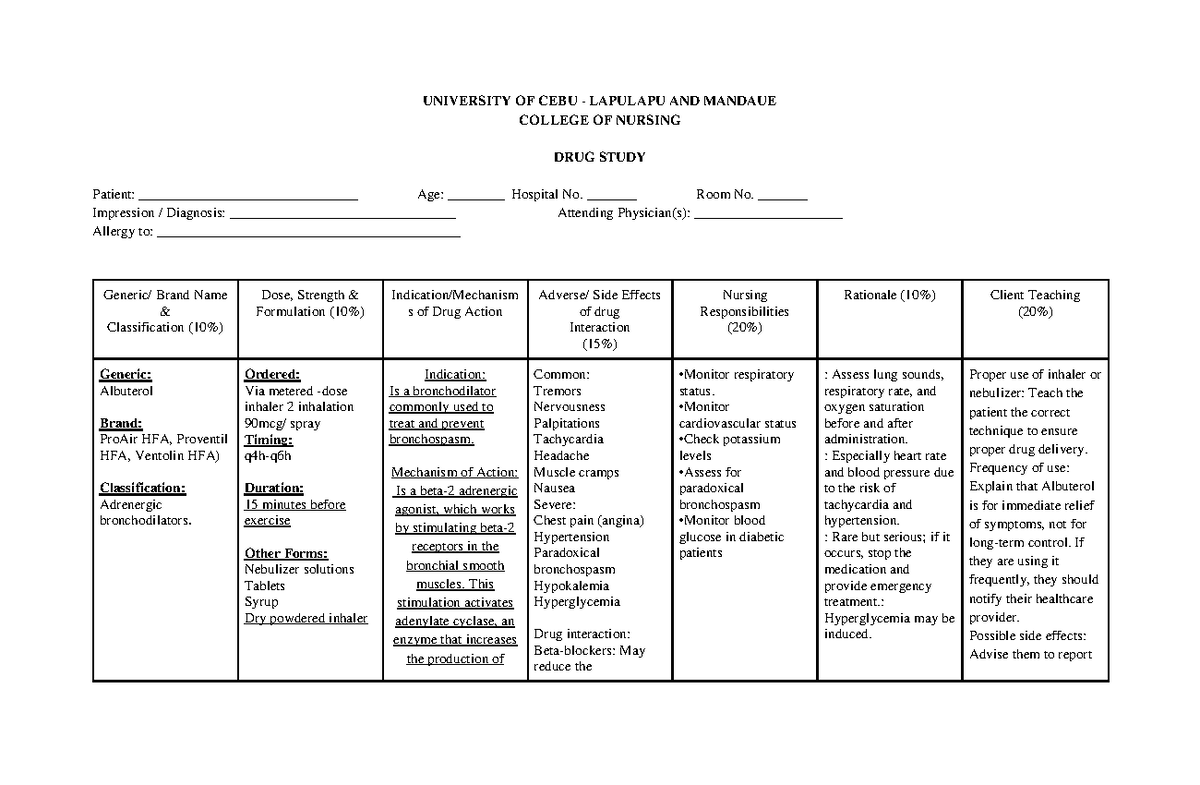 Albuterol - notes - UNIVERSITY OF CEBU - LAPULAPU AND MANDAUE COLLEGE ...