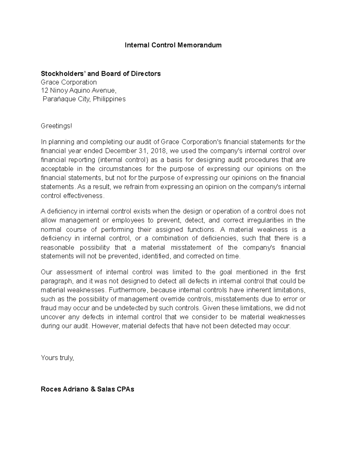 Internal Control Assessment Report for Grace Corp Audit - Studocu