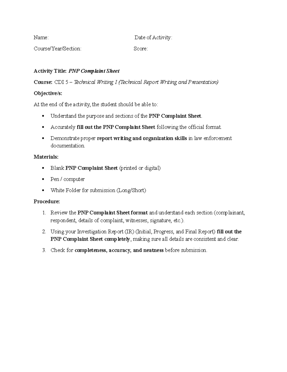 CDI 5 Activity: PNP Complaint Sheet Guidelines and Instructions - Studocu