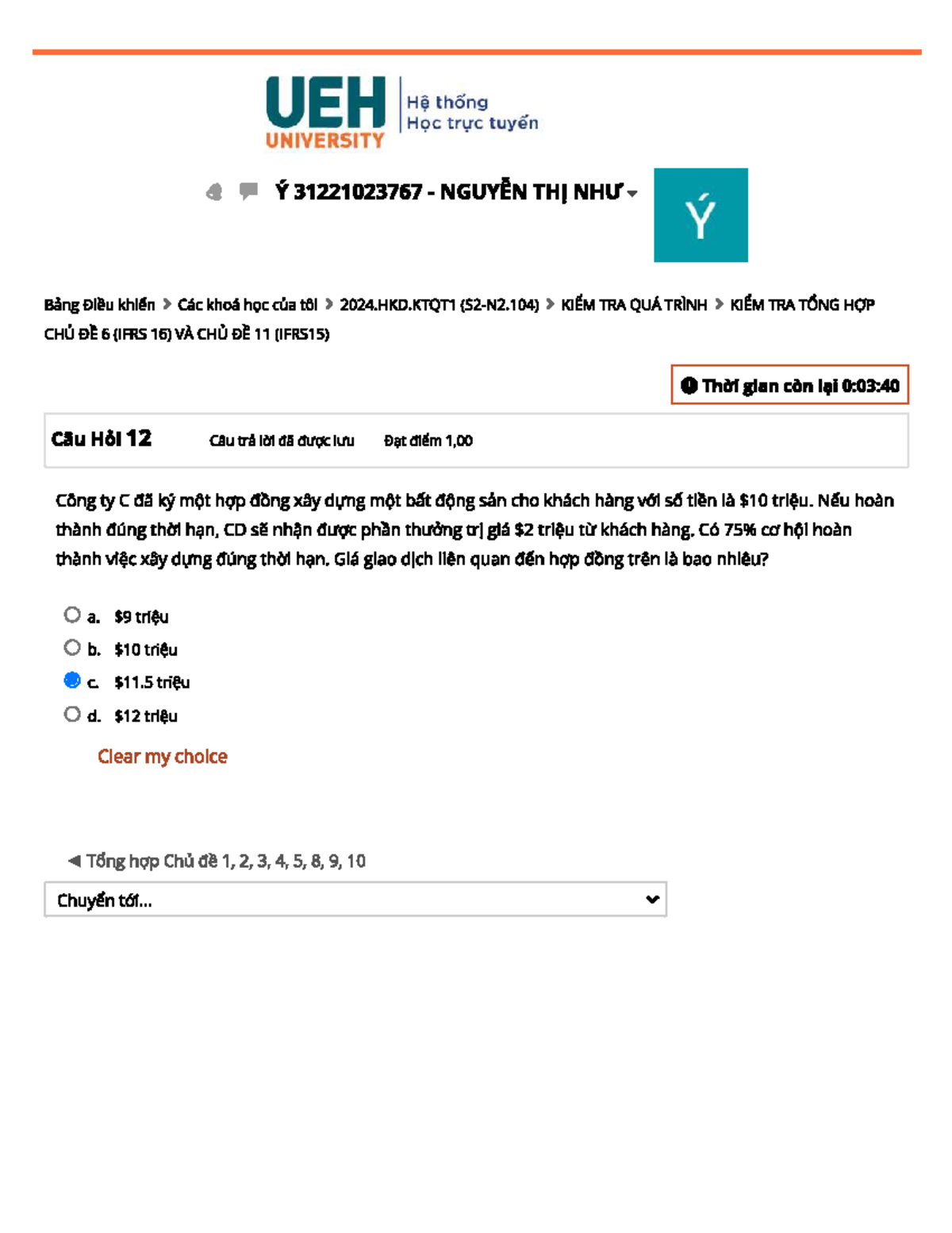 12 - trắc nghiệm - UEH Hê thông Hoc truc tuyen UNIVERSITY Y 31221023767 NGUYÊN TH! NHU Y Báng ...