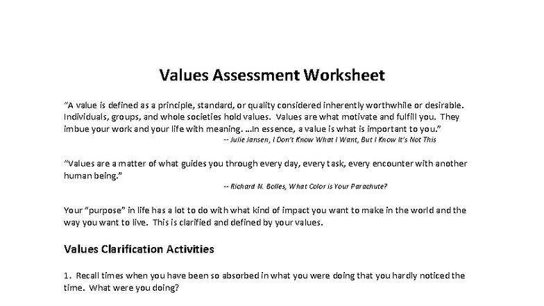 Values Assessment Worksheet: A Guide to Personal Identity Development ...