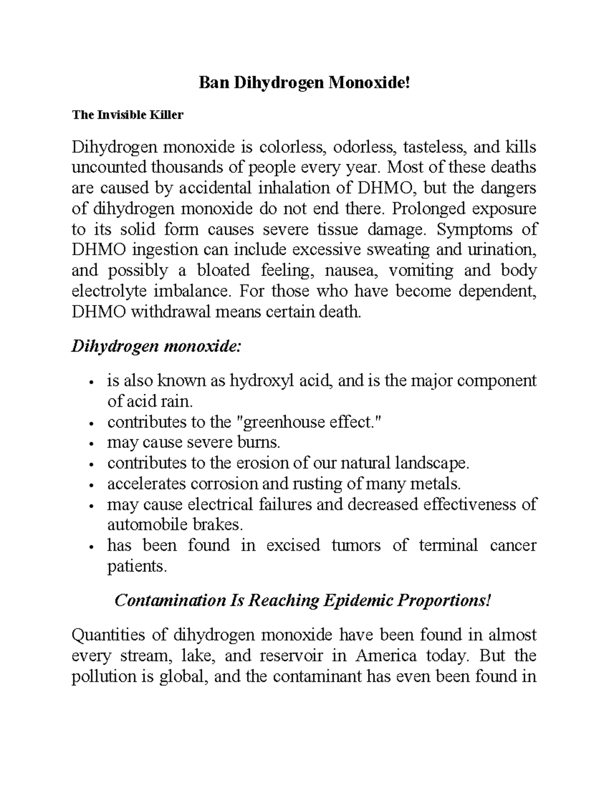 DHMO article ththth - Ban Dihydrogen Monoxide! The Invisible Killer ...
