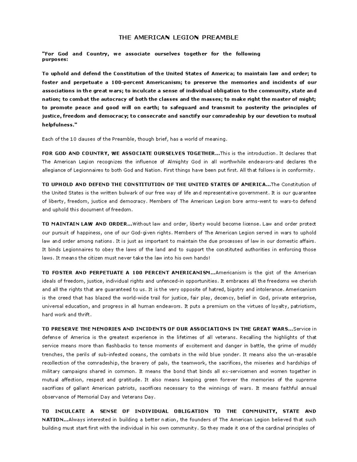 Preambleinterpretation - THE AMERICAN LEGION PREAMBLE "For God and ...