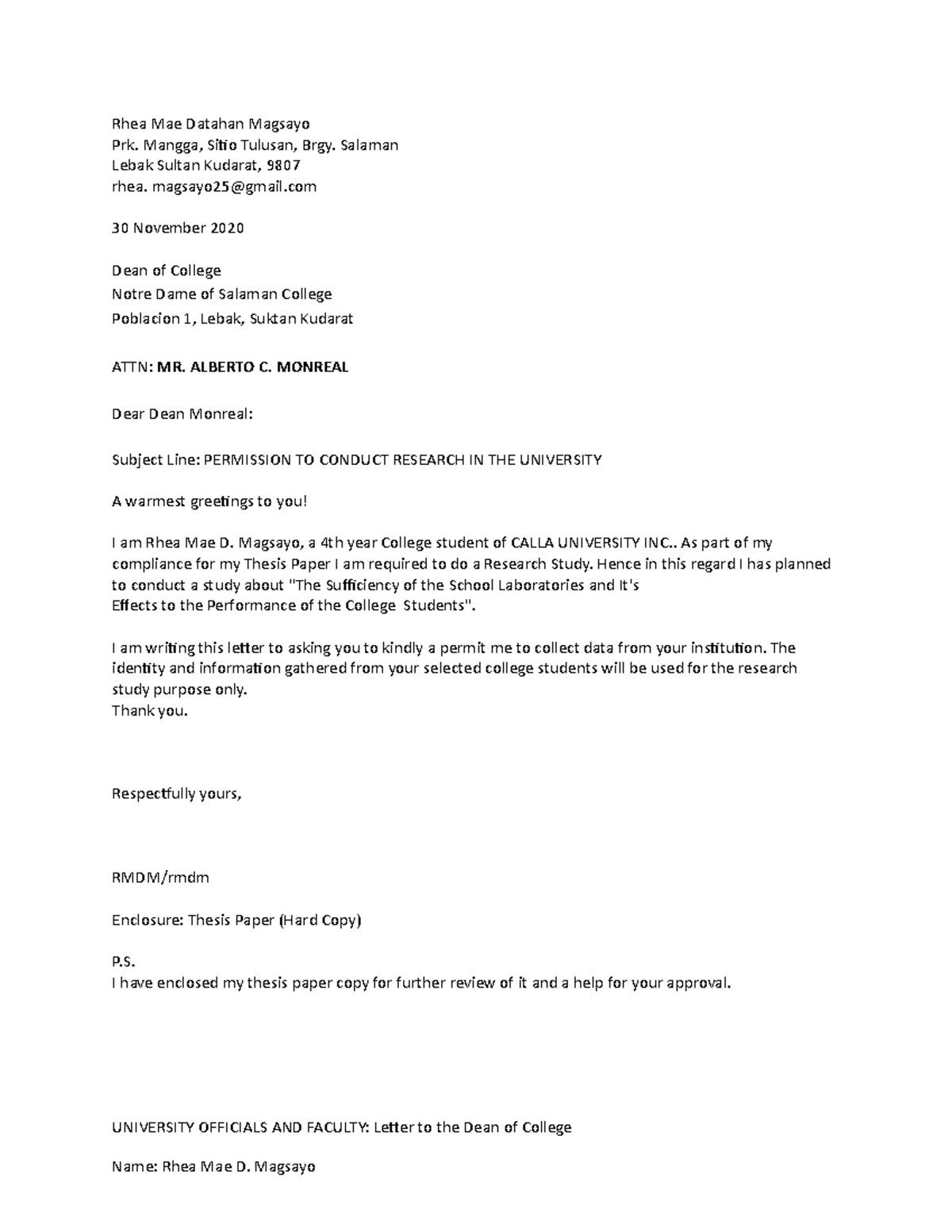 Letter to the Dean for Research Permission - Thesis Inquiry - Studocu