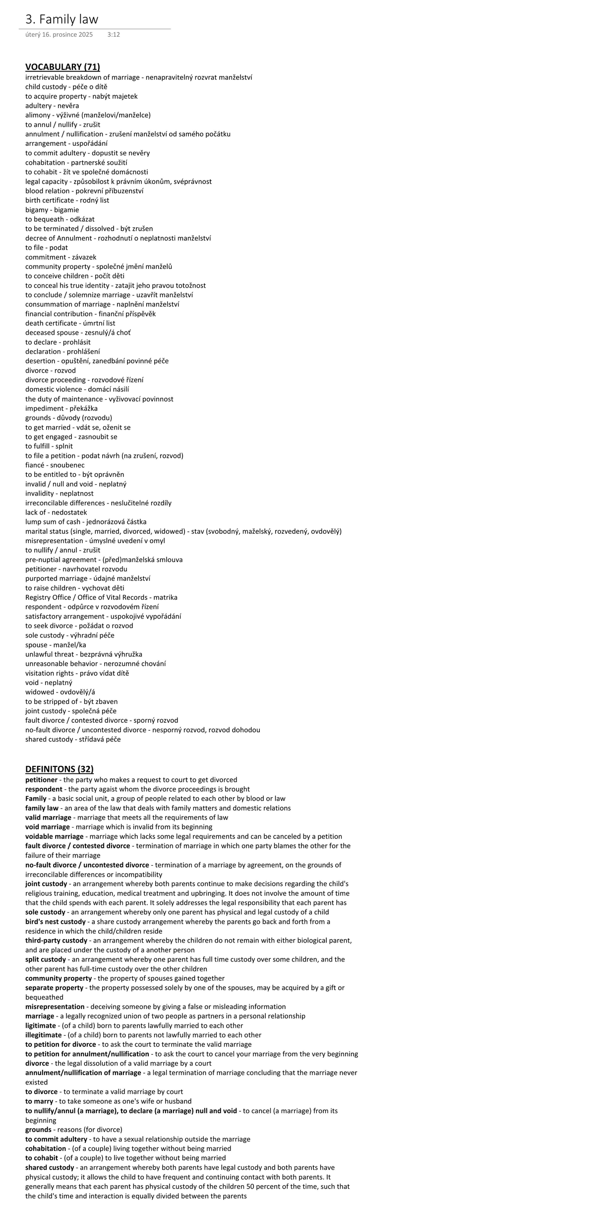3. Family Law Vocabulary & Definitions (Course Code: 3) - Studocu