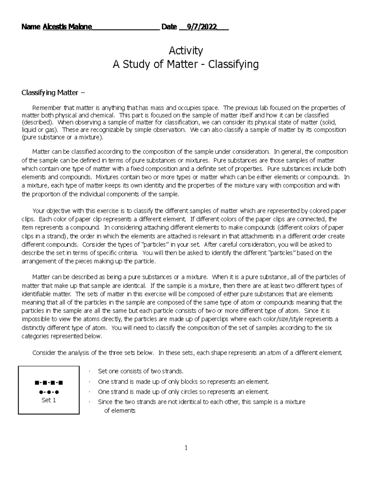 Activity - Prelab Classifying Matter Malone - Name Alcestis Malone ...