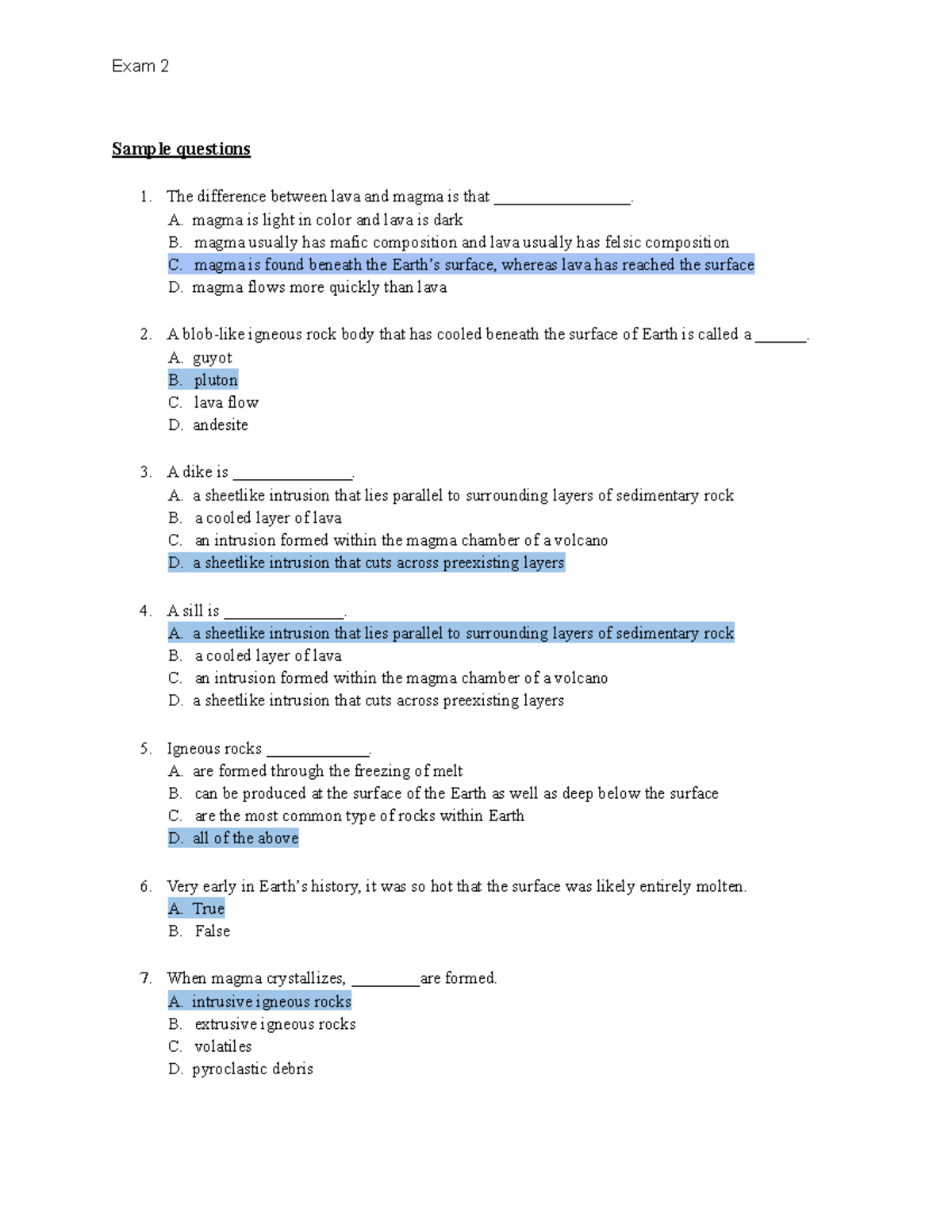 Exam 2 - Sample Questions on Igneous and Sedimentary Rocks - Studocu