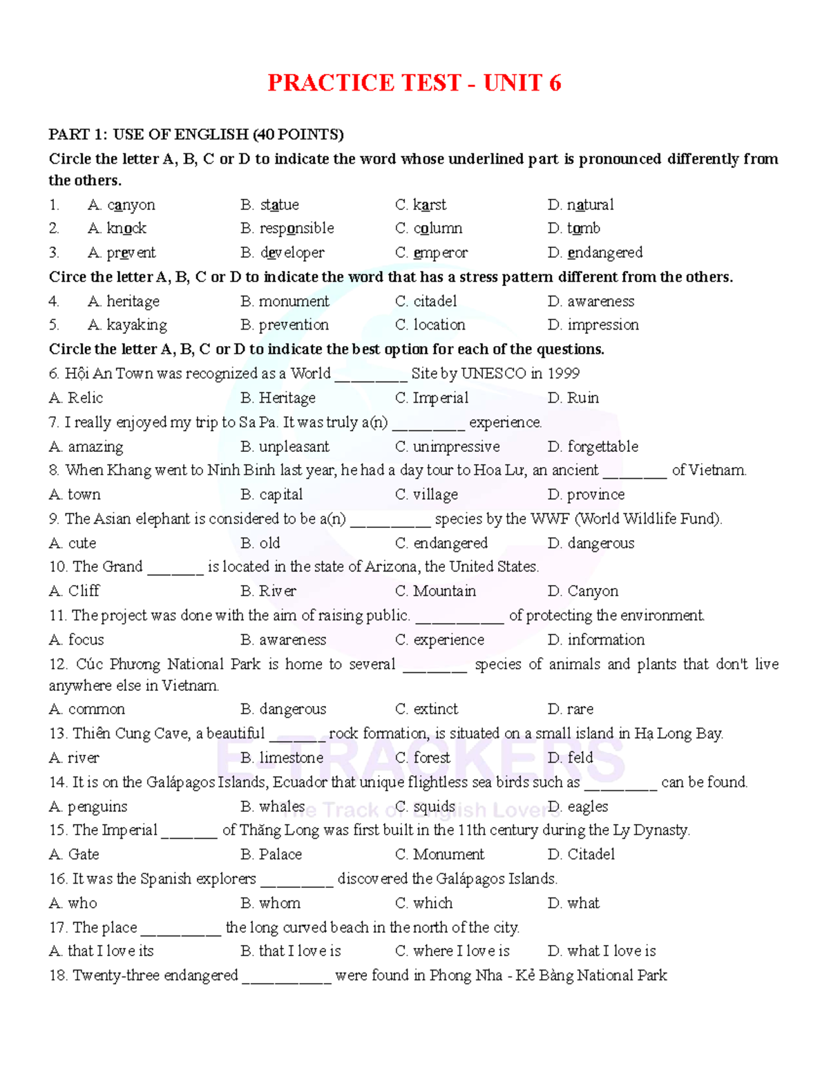 UNIT 6 - Practice Test 01: Use of English (40 Points) - Studocu