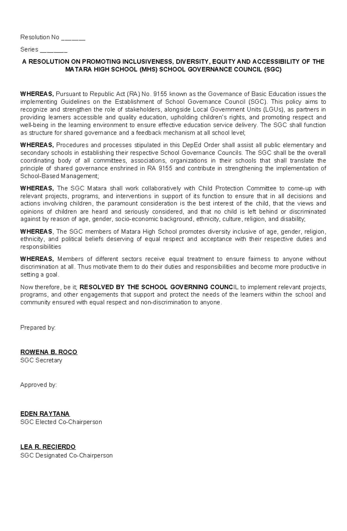 SGC Resolution No __ on Promoting Inclusiveness and Diversity - Studocu