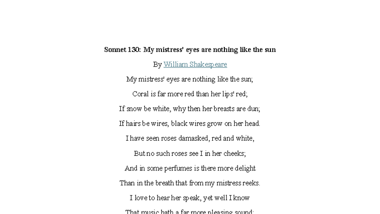 Sonnet 130 Analysis: My Mistress' Eyes Are Nothing Like the Sun - Studocu