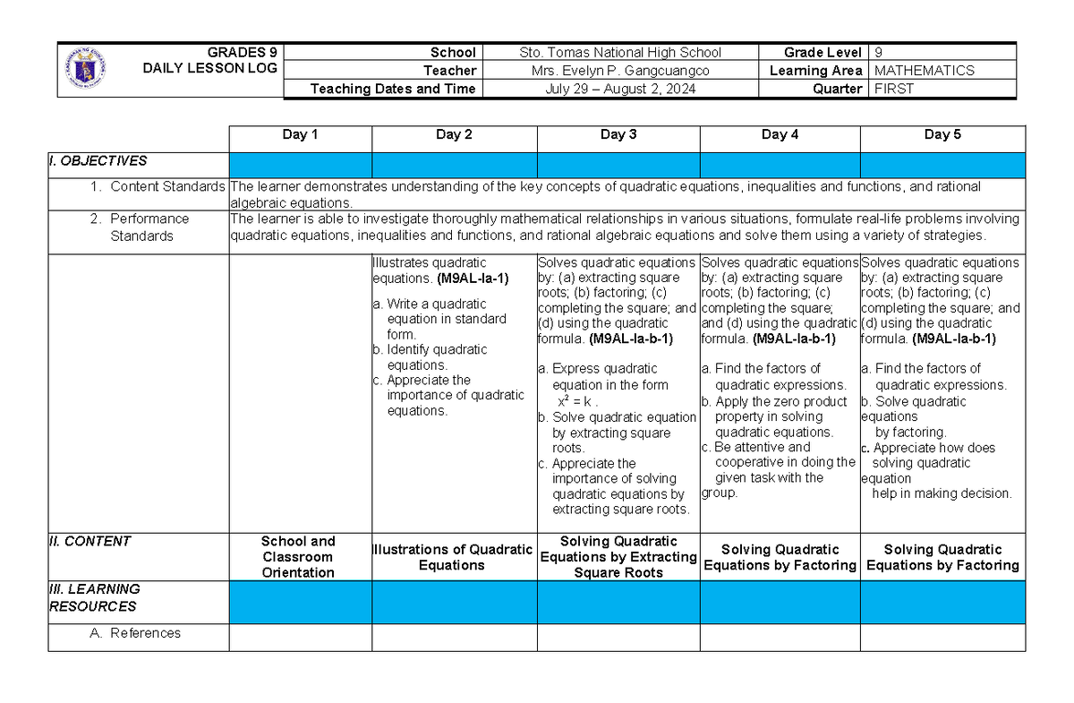 Grade 9 Math Daily Lesson Log: Quadratic Equations & Functions - Studocu