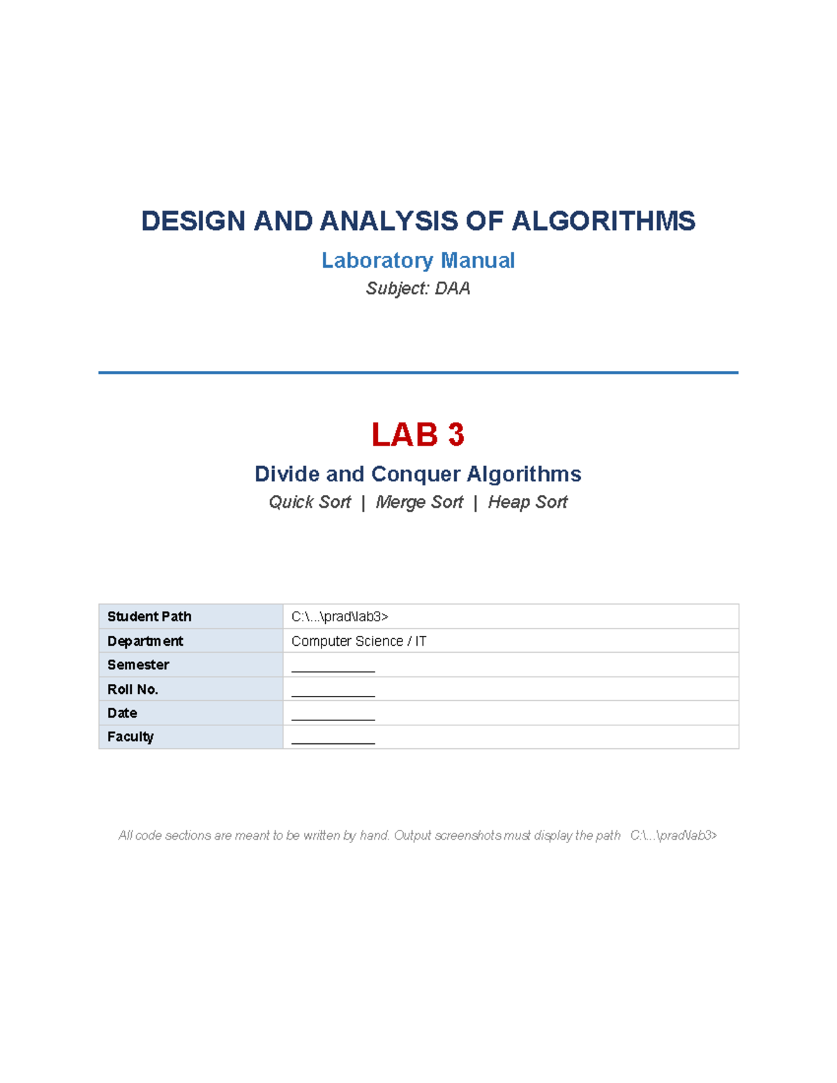 DAA LAB 3: Divide and Conquer Algorithms - Manual and Analysis - Studocu