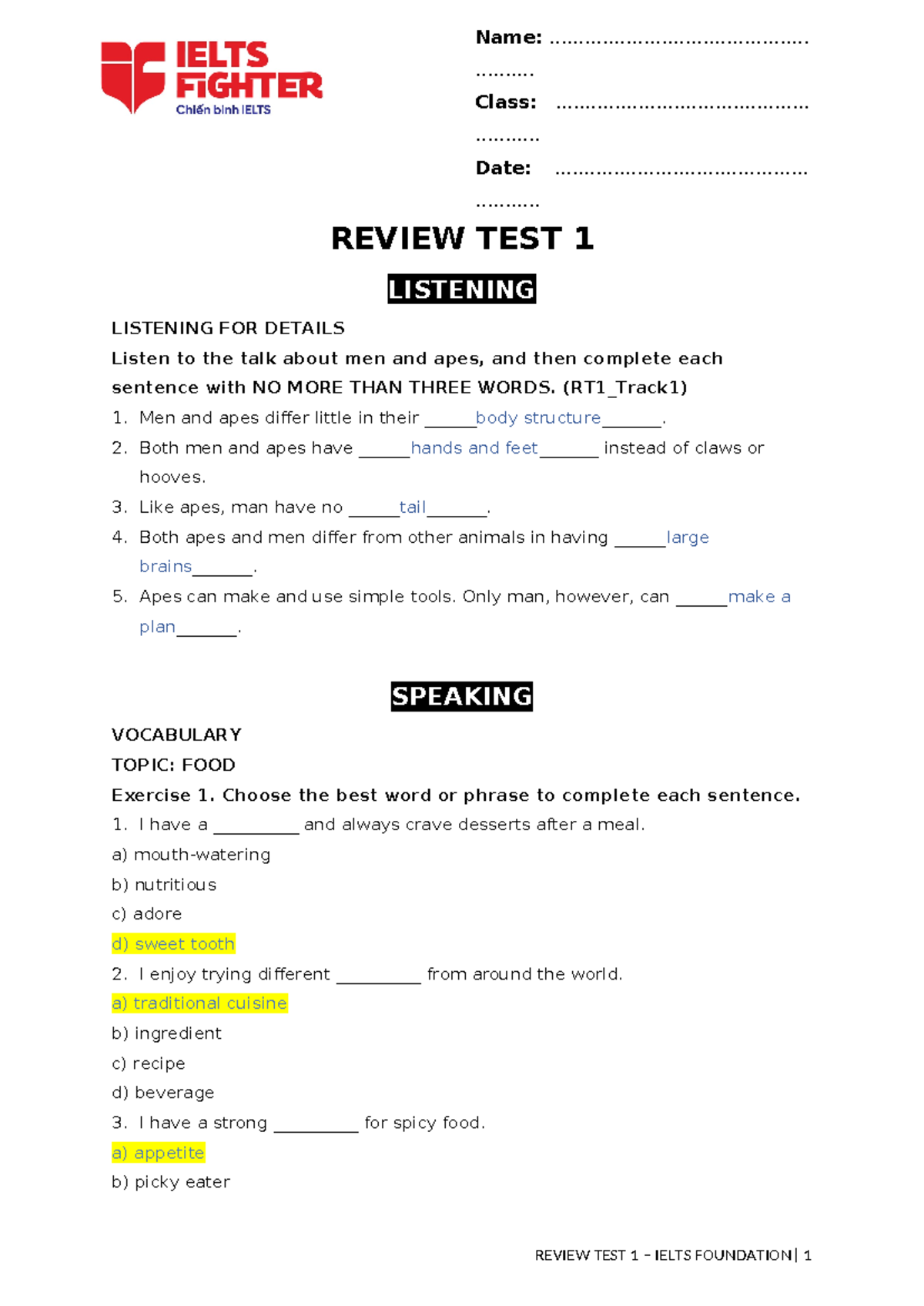 Review Test 1: Listening, Speaking, and Reading Skills Evaluation - Studocu