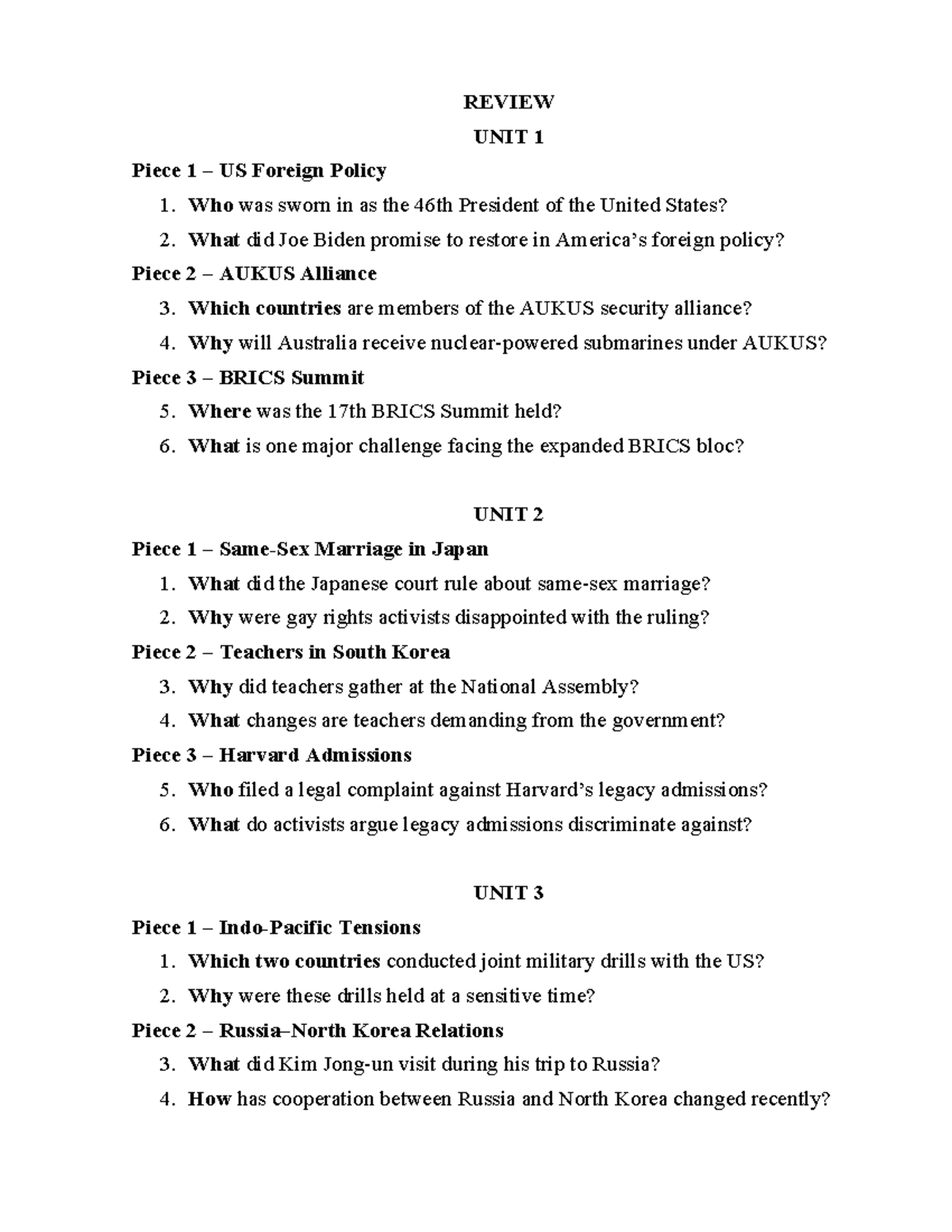 REVIEW QUESTIONS FOR UNITS 1-14: US Foreign Policy & Global Issues ...