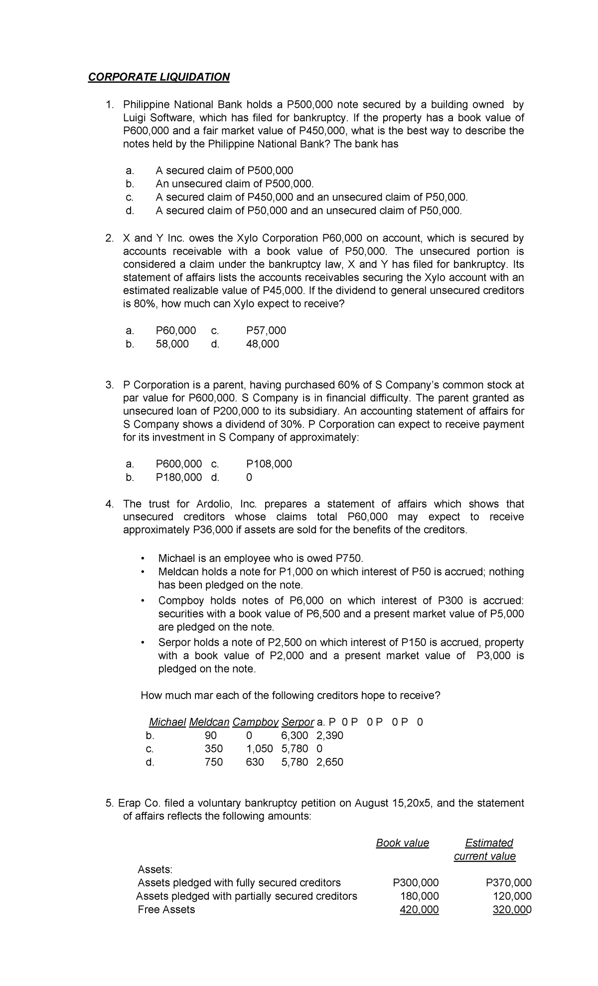 Corporate Liquidation Exercises - Analysis & Calculations - Studocu