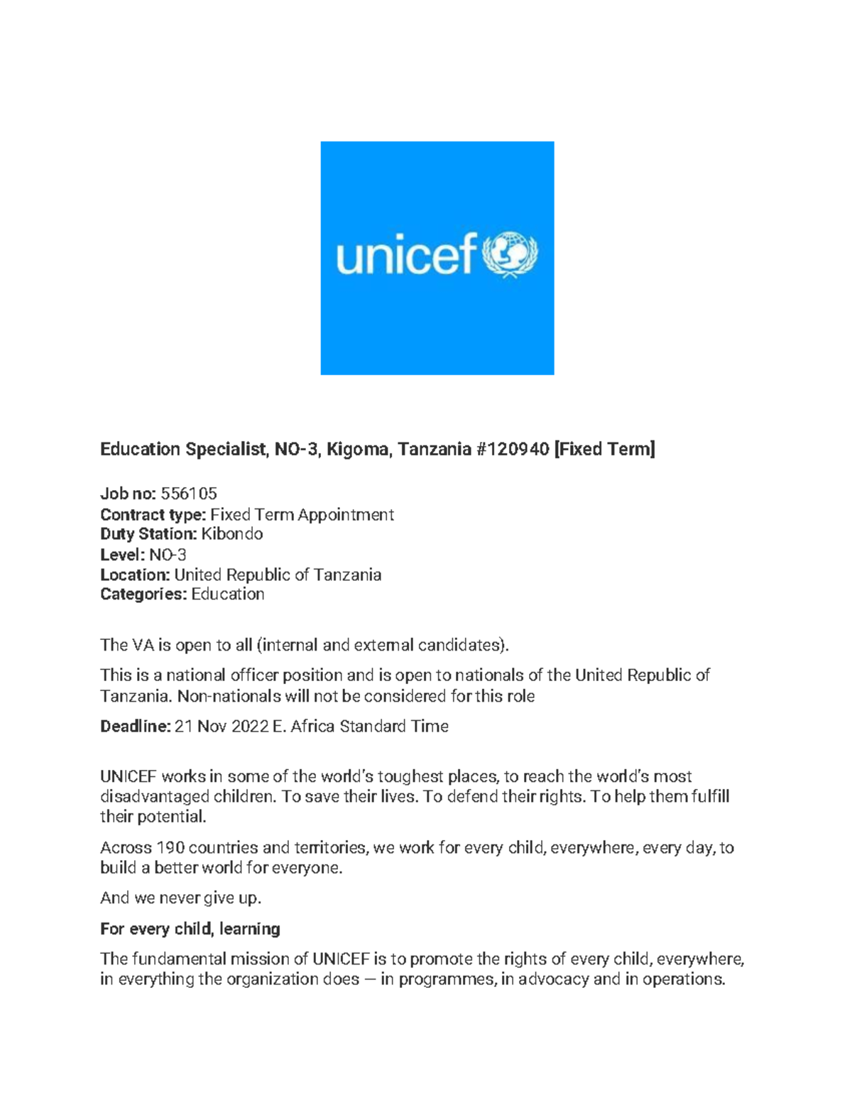 Unicef- Vacancy-NOV - It is very useful for final year projects ...