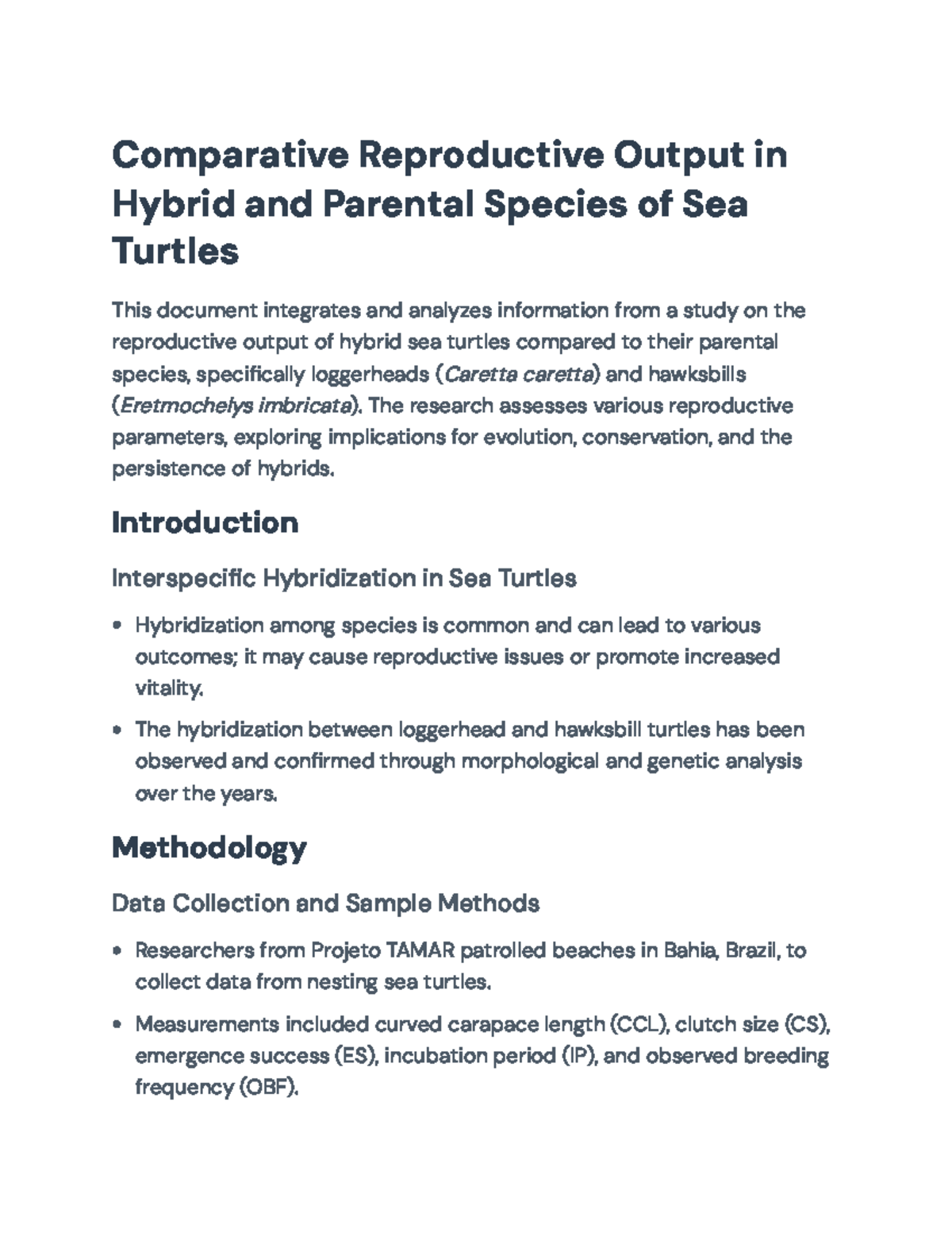 Comparative Reproductive Output of Hybrid vs. Parental Sea Turtles ...