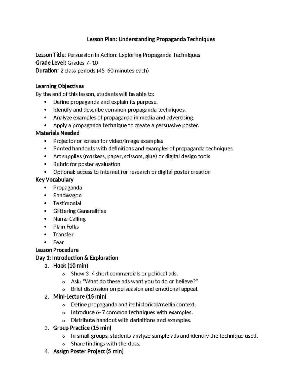 Lesson Plan: Persuasion in Action - Understanding Propaganda Techniques ...