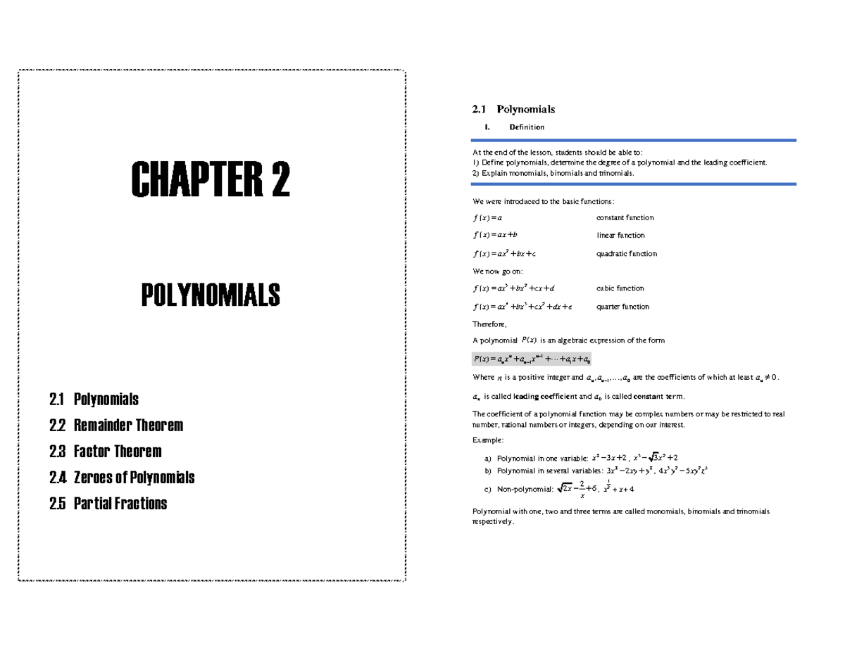 Chapter 2 - Lecture Notes on Polynomials and Their Operations - Studocu