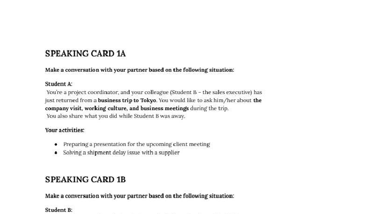 SPEAKING CARD - Conversation Practice for Business Communication - Studocu