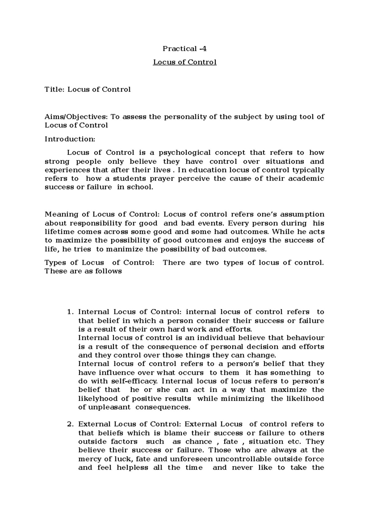 Locus of control practical - Practical - Locus of Control Title: Locus ...