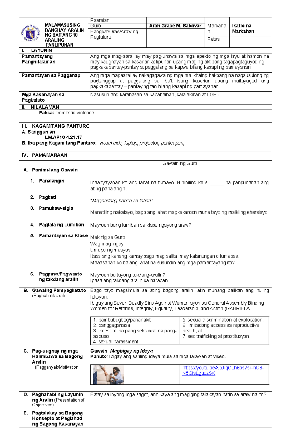 Domestic Violence Lesson Plan for Grade 10 (Araling Panlipunan) - Studocu