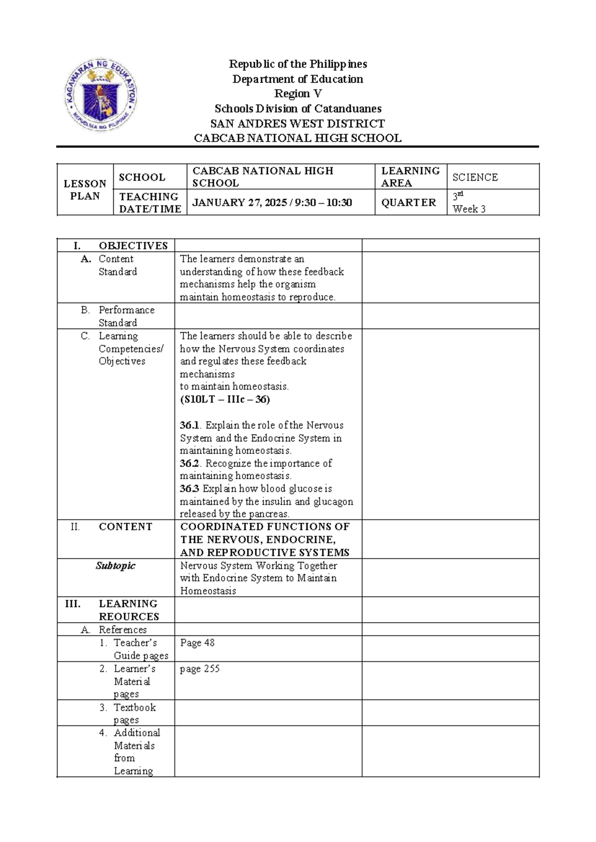 S10LT Lesson Plan: Homeostasis & Feedback Mechanisms - Studocu
