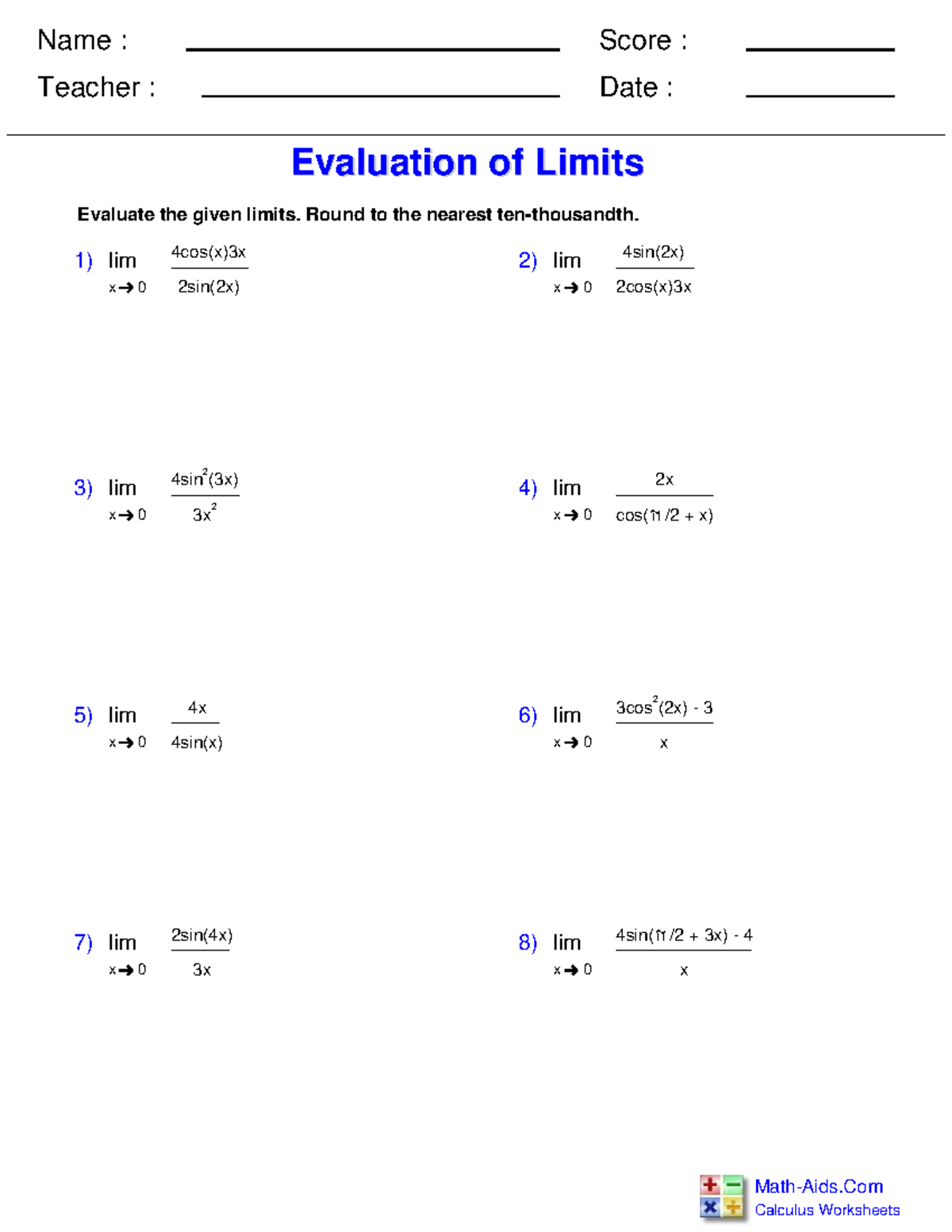 Calculus Worksheet: Evaluating Limits and Trigonometric Functions - Studocu