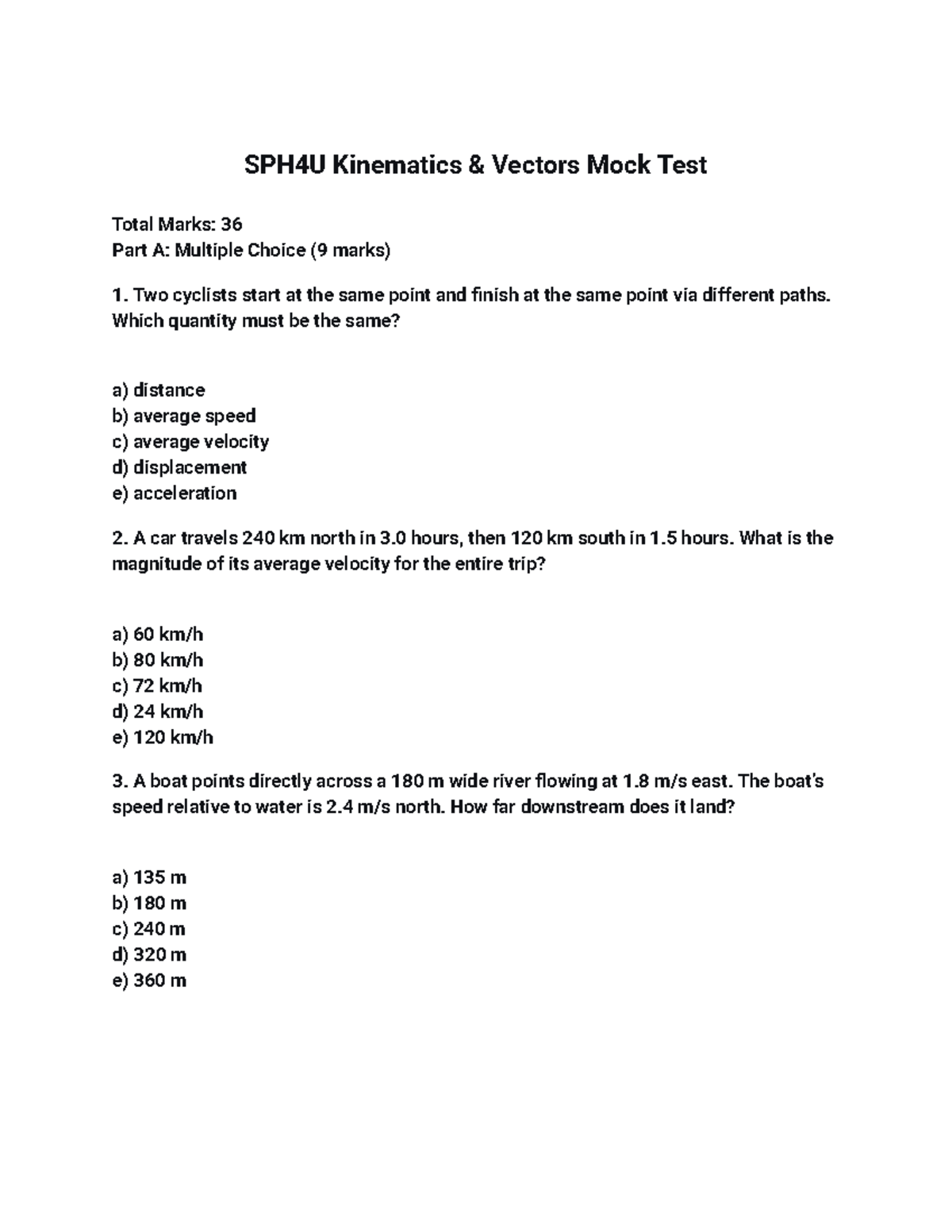 SPH4U Kinematics Vectors Mock Test - Unit 2 Review - Studocu