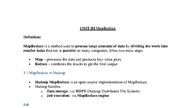 Big Data Analytics: Unit 3 - Understanding MapReduce in Hadoop - Studocu