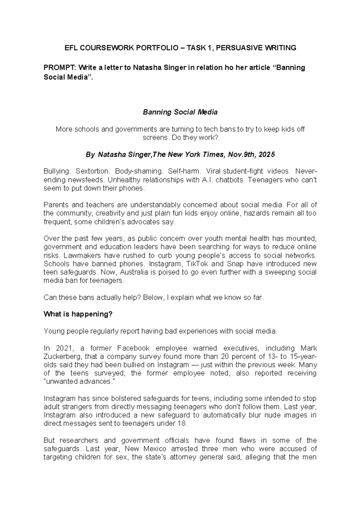EFL Coursework Portfolio: Task 1 - Persuasive Writing on Social Media ...
