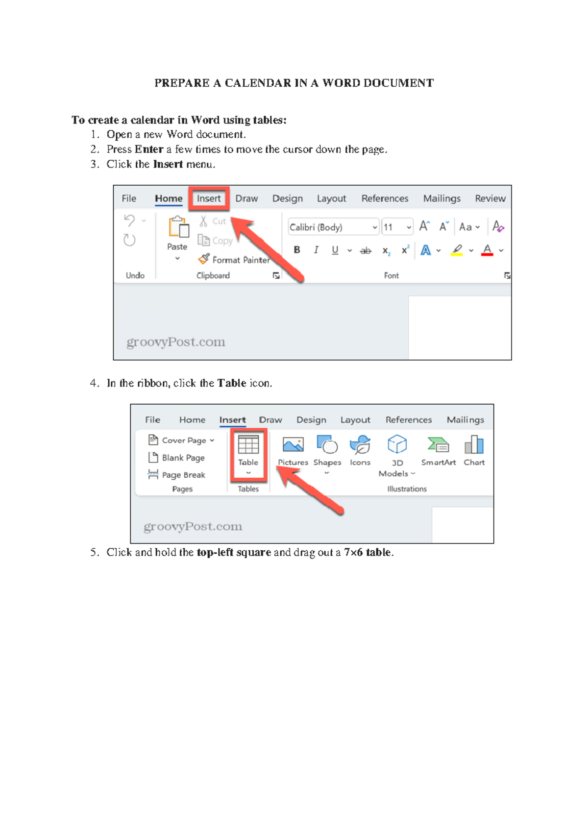 LAB 2 - NOTES - PREPARE A CALENDAR IN A WORD DOCUMENT To create a ...