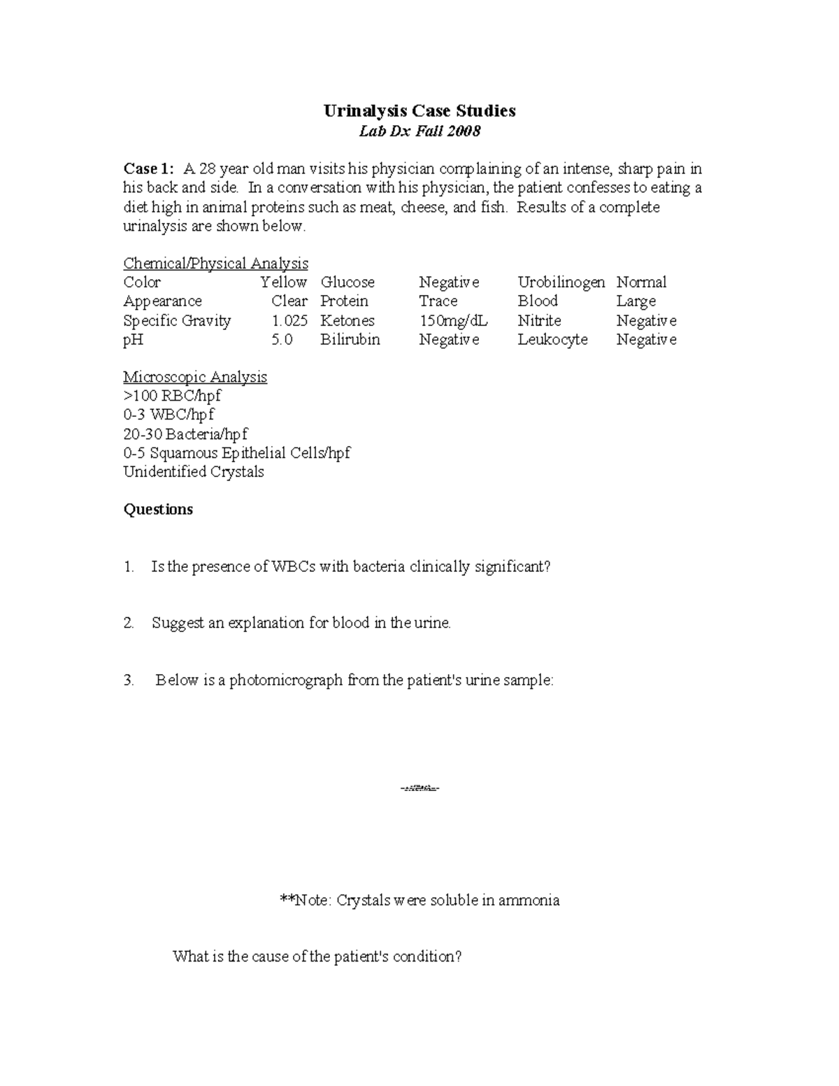 Urinalysis Case Studies - Lab Dx Fall 2008 Analysis - Studocu
