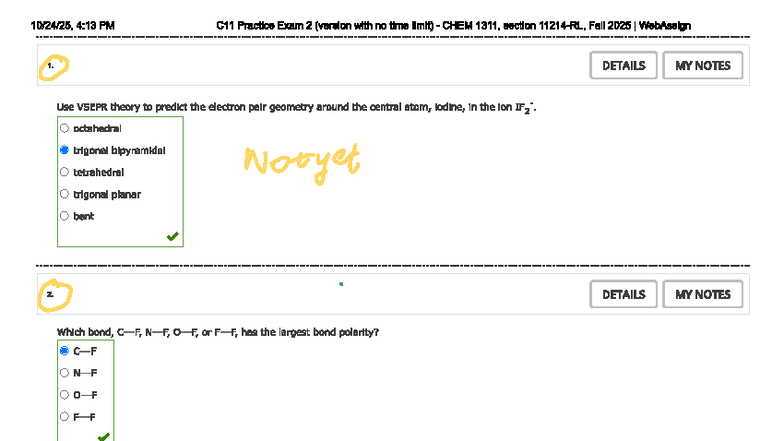 CHEM 1311 C11 Practice Exam 2 (No Time Limit) - Fall 2025 - Studocu