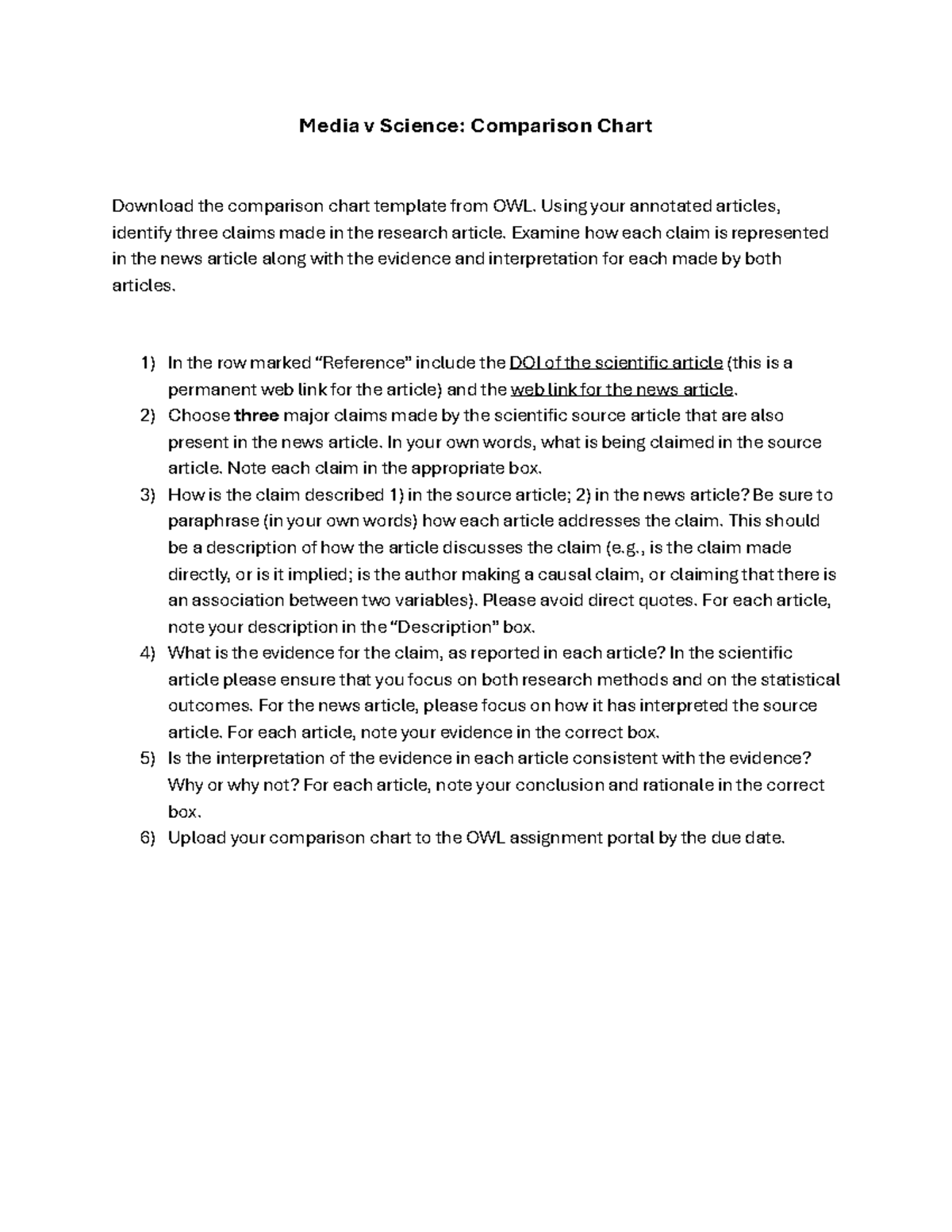 Media v Science: Comparison Chart Instructions for Analysis - Studocu