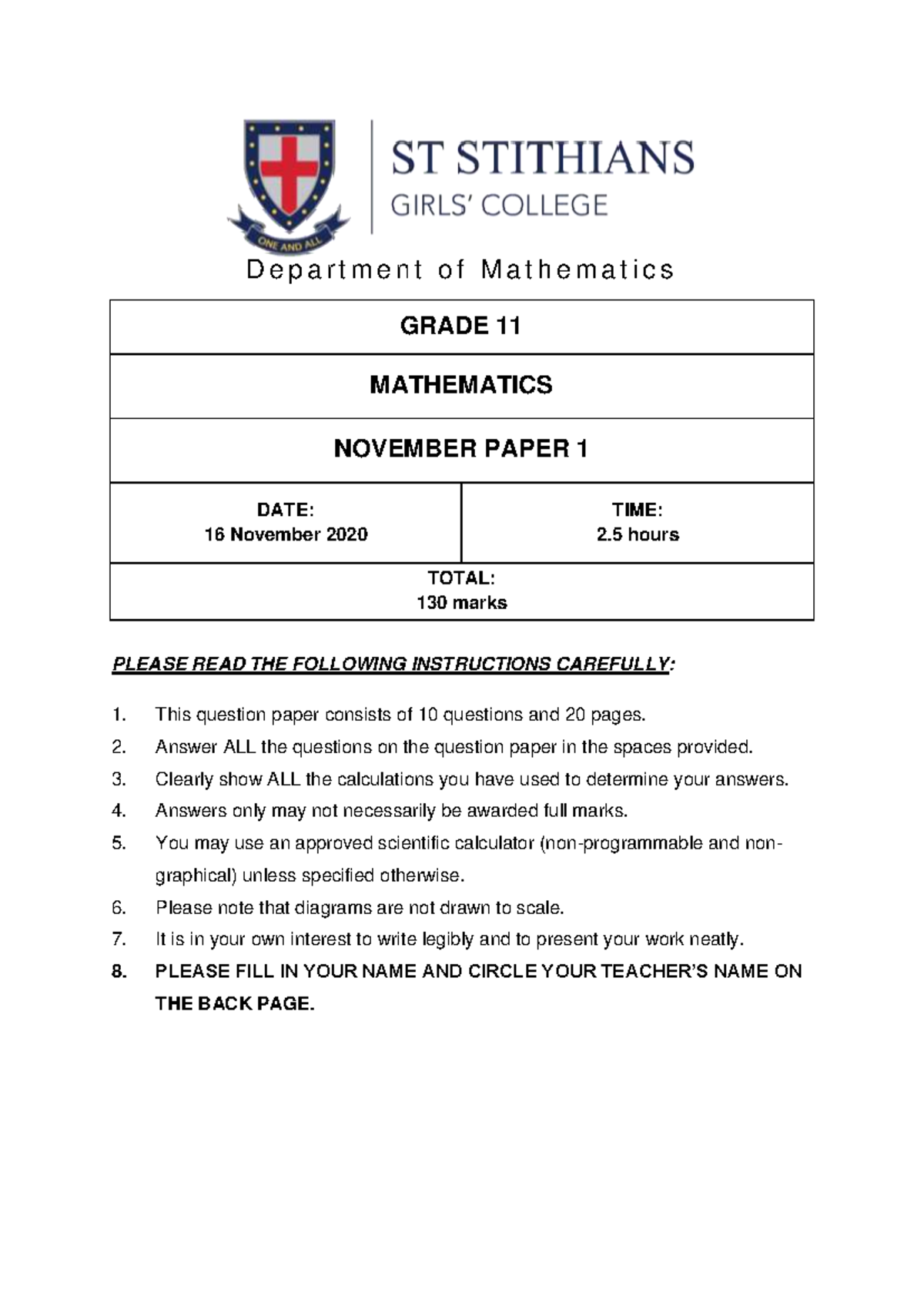Grade 11 Math Paper 1 Final Exam Nov 2020 - All Questions Included ...