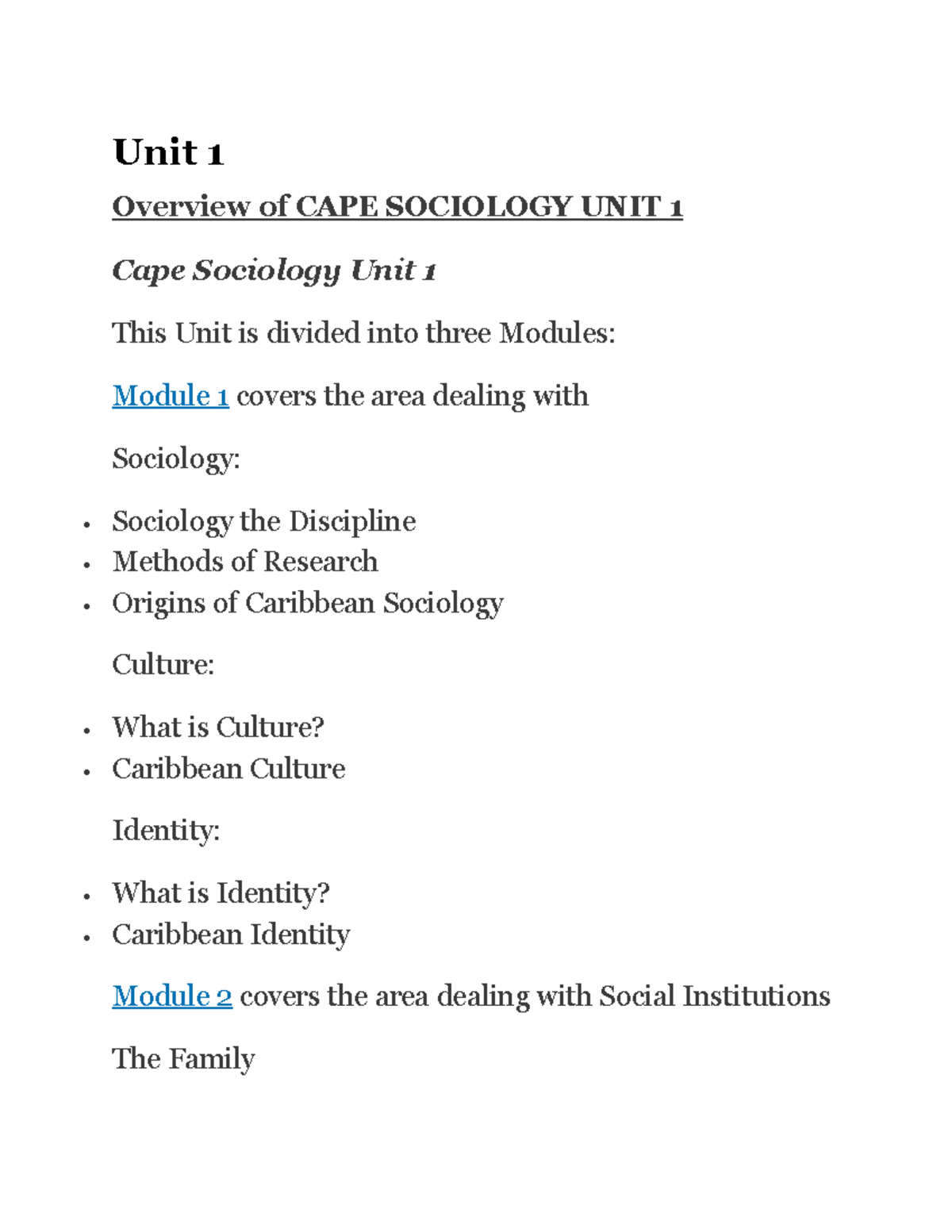 CAPE Sociology Unit 1 Overview: Modules on Culture, Identity & Social Institutions - Studocu