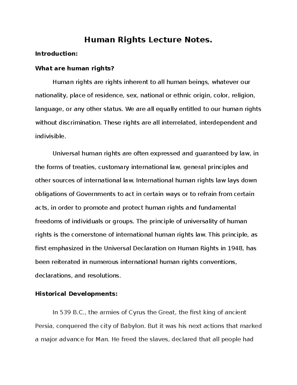 Human Rights Lecture Notes: Key Concepts and Historical Overview - Studocu
